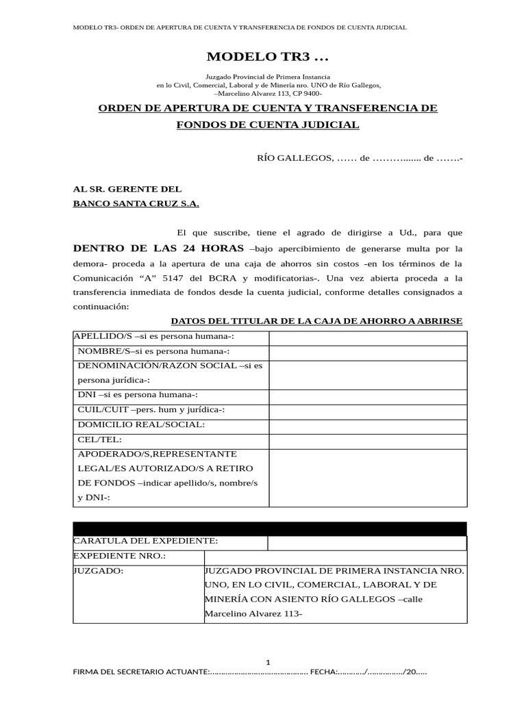 Modelo Tr3 - Orden de Apertura de Cuenta y Transferencia Bancaria | PDF | Economias