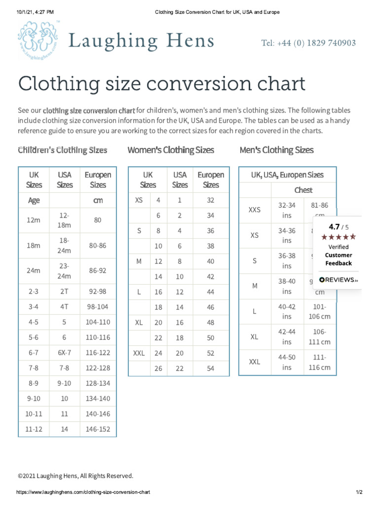 Clothing Size Conversion Chart For UK, USA and Europe | PDF