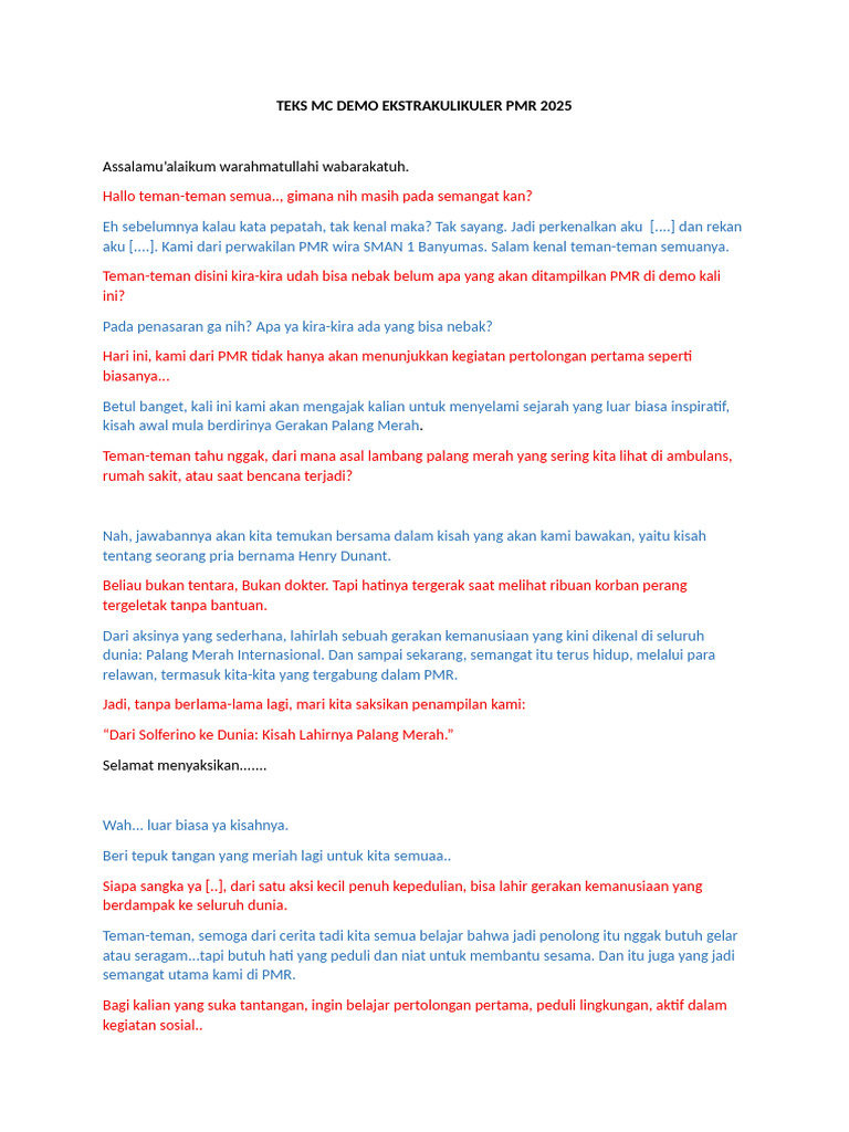 Teks MC Demo Ekstrakulikuler PMR 2025 | PDF