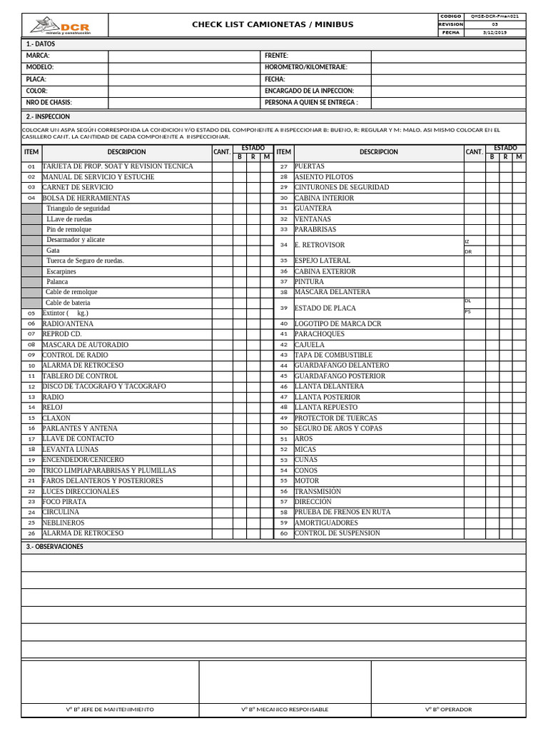 Qhse-Dcr-Fman021 - V03. Check List Camionetas y Buses | PDF | Vehículos | Tecnologías automotrices