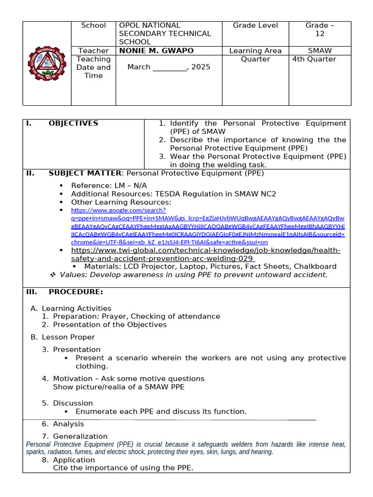 Lesson Plan - PPE, Weld Joints, Weaving Pattern | PDF | Personal ...