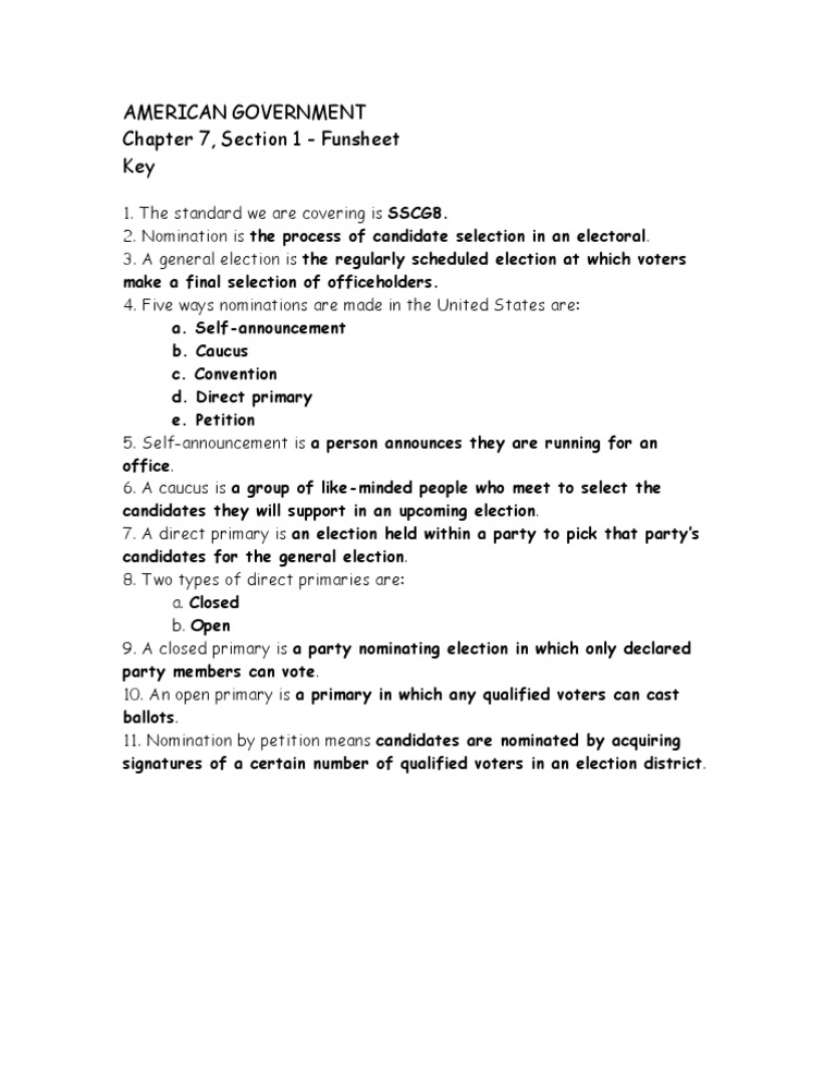 American Government Chapter 7, Section 1 - Funsheet Key | PDF