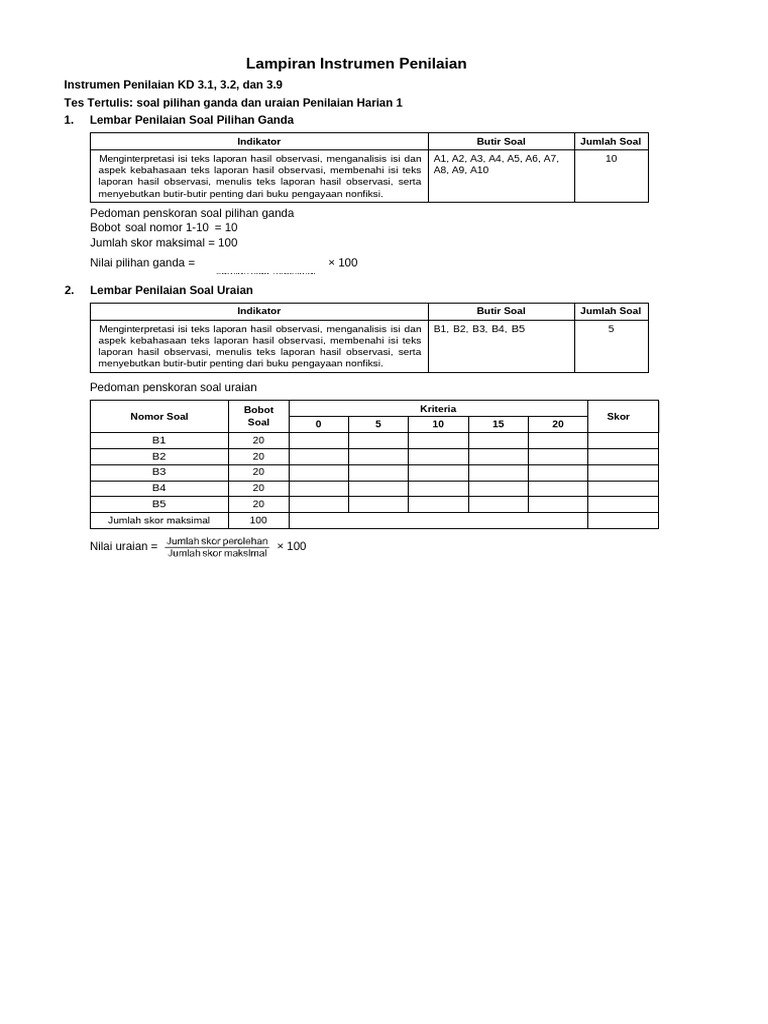 Lampiran Instrumen Penilaian 2021 | PDF