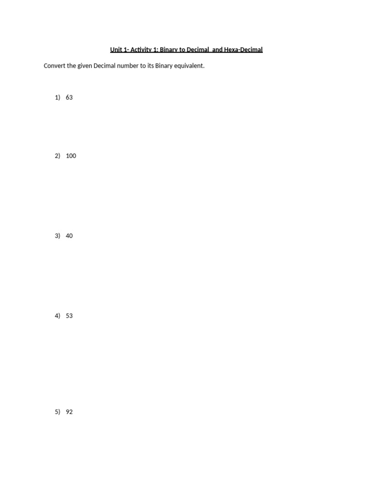 Unit 1 - Activity 6 Binary To Decimal Worksheet | PDF
