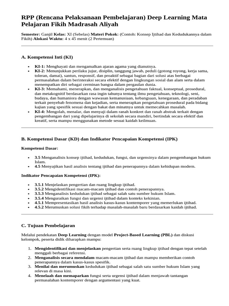 RPP Fikih Xi Dan Xii Mapel Fikih Deeplearning & Kurikulum Cinta 2025 | PDF