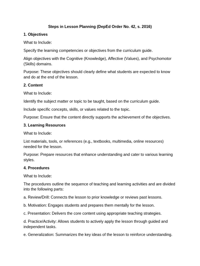 DepEd Order 42 s2016 Steps in Lesson Planning | PDF | Curriculum | Learning