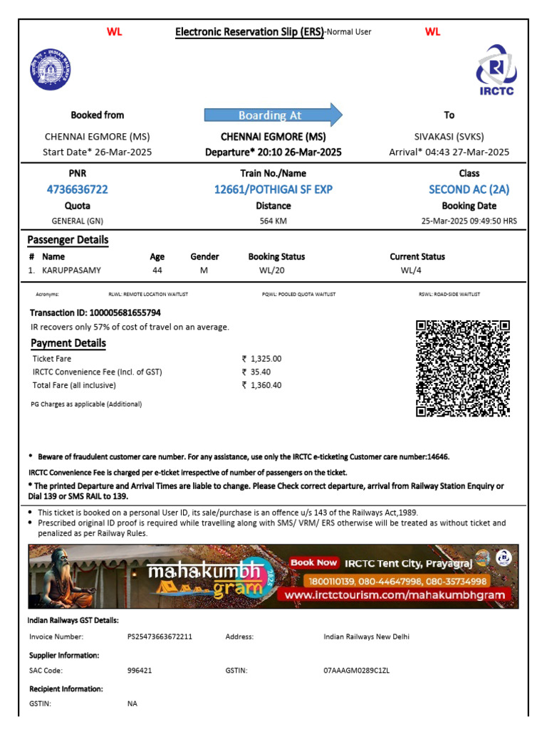 12661/pothigai SF Exp Second Ac (2A) : WL WL | PDF | Identity Document