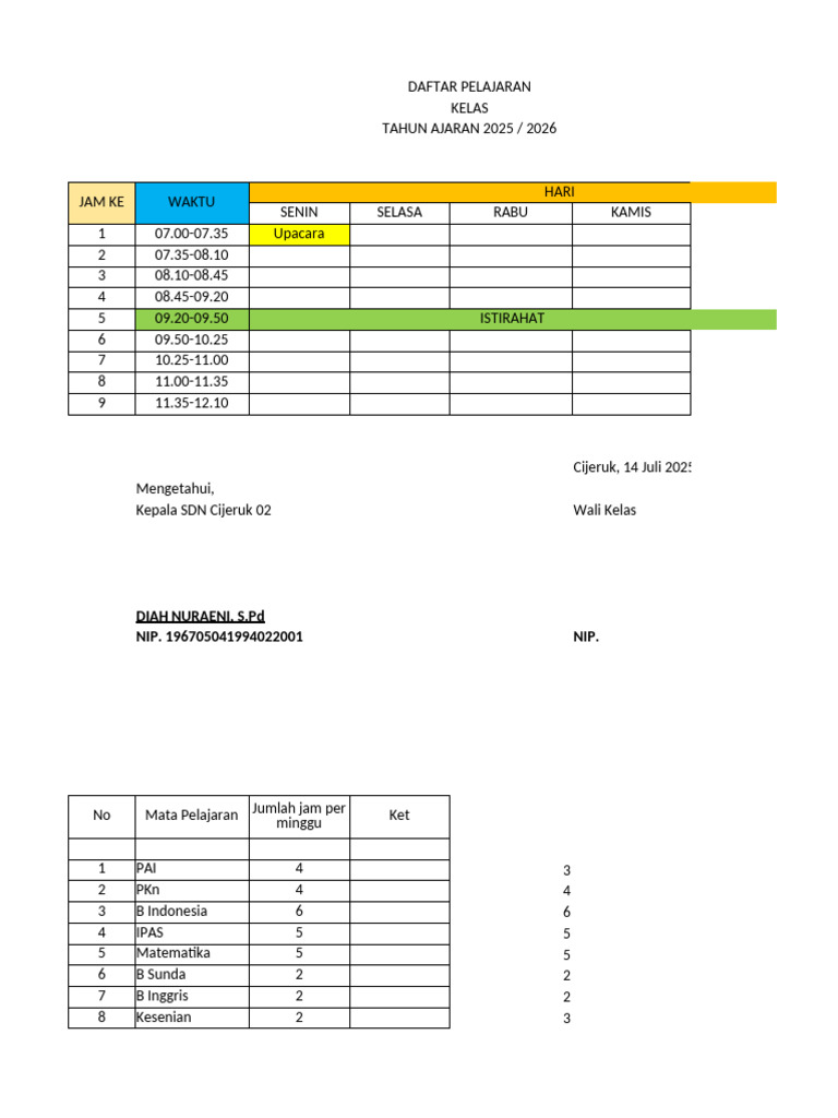 Form Jadwal Mapel | PDF