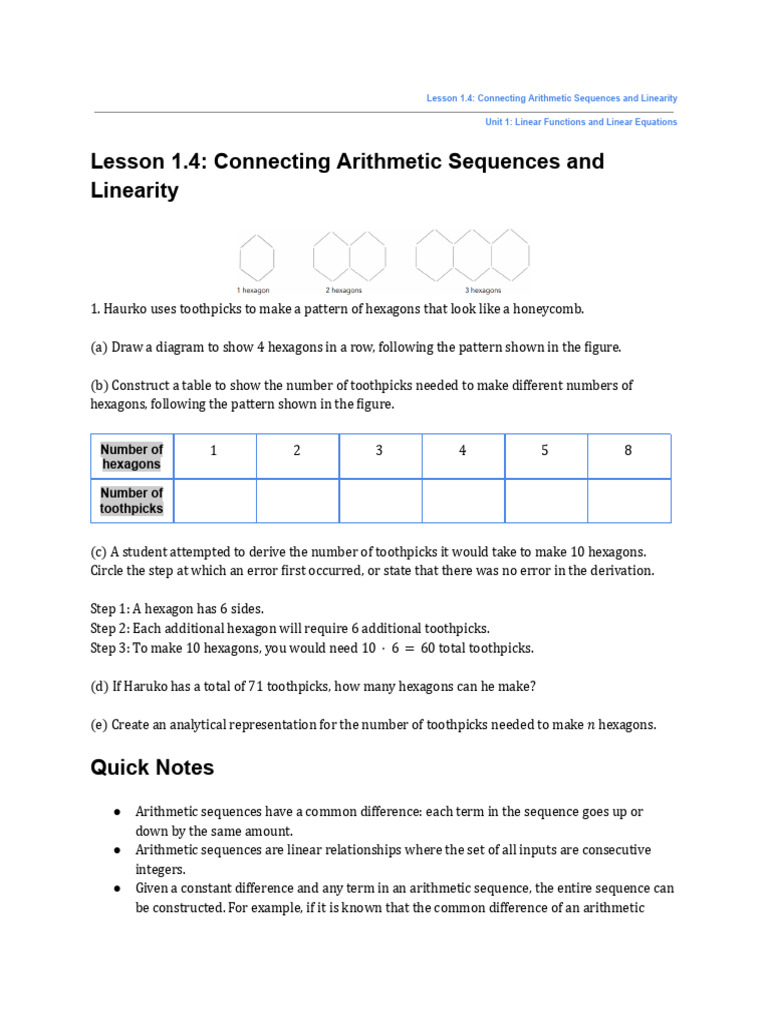 Lesson 1.4 - Connecting Arithmetic Sequences and Linearity | PDF ...