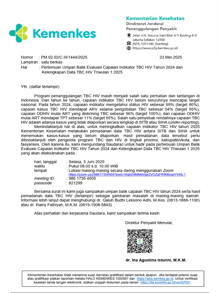 Signed - Surat Umpan Balik Evaluasi Capaian Indikator TBC HIV Tahun 2024 Dan Kelengkapan Data ...