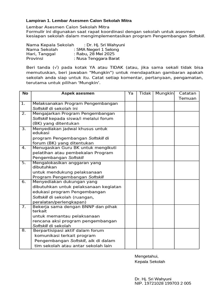 Form Softskill Sekolah - 2025 - BNN NTB | PDF