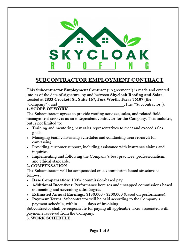 1, Subcontractor Employment Contract | PDF | Indemnity | Liability ...