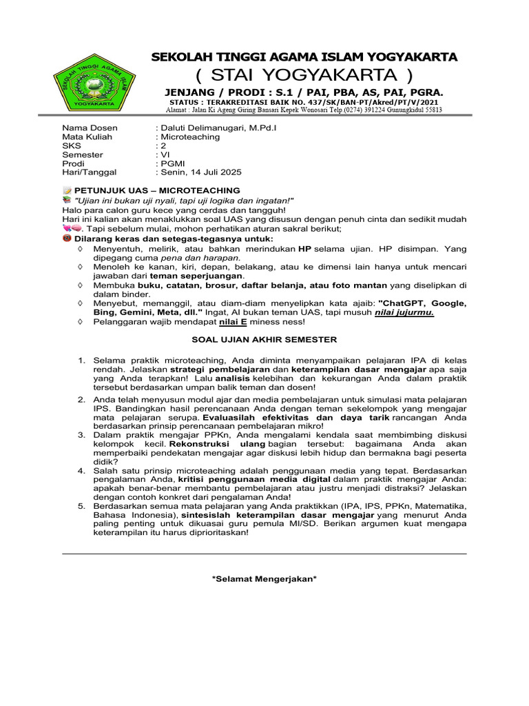 Soal Uas Microteaching 2025 | PDF