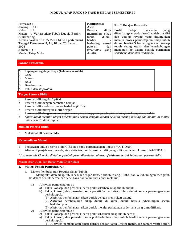 1.1 Modul Ajar Sikap Tubuh | PDF