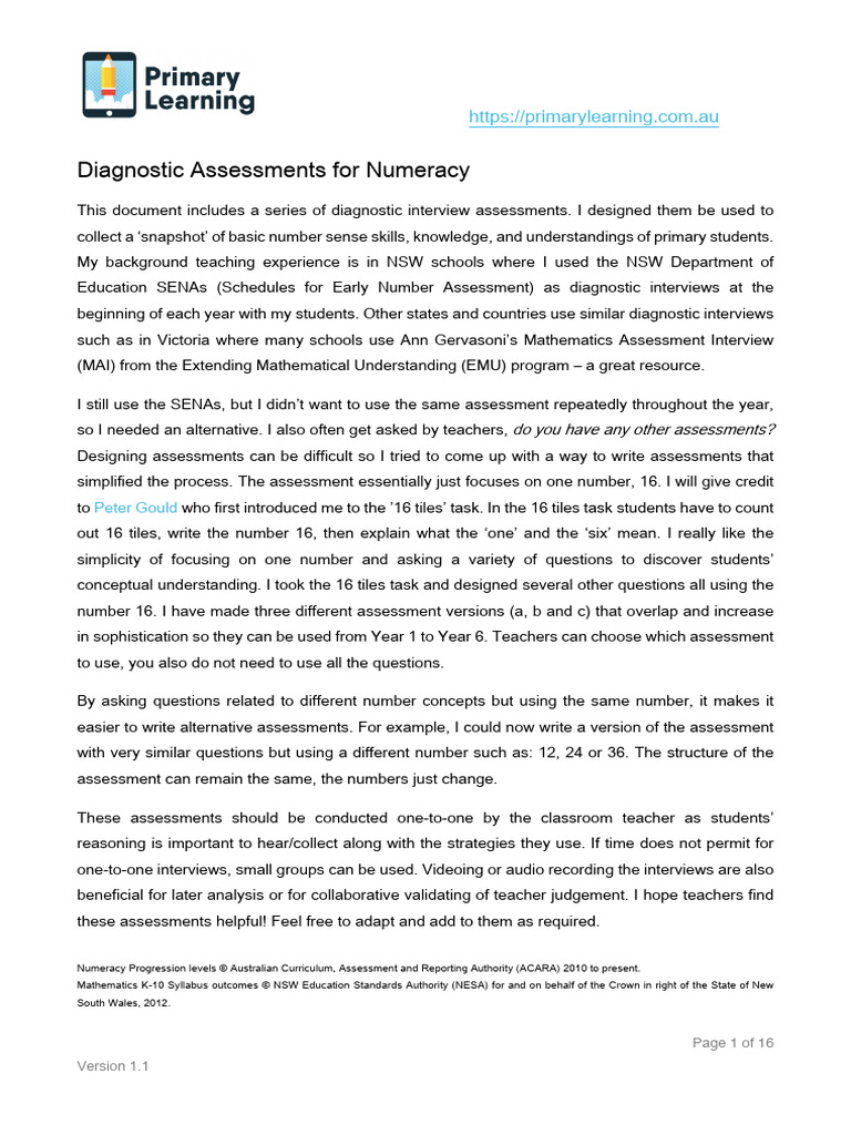 Diagnostic Assessments For Numeracy | PDF | Multiplication | Numbers