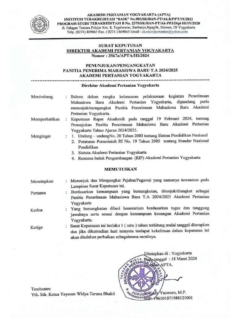 SK Panitia PMB Tahun 2024 | PDF