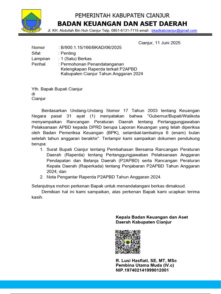 Surat Permohonan TTD Bupati (Paperda P2apbd) - Tte | PDF