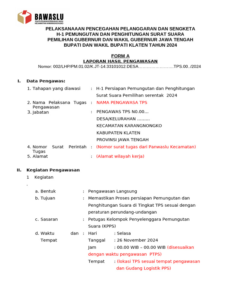 FORM A LHP PTPS H-1 Persiapan Pemungutan Dan Penghitungan Suara | PDF