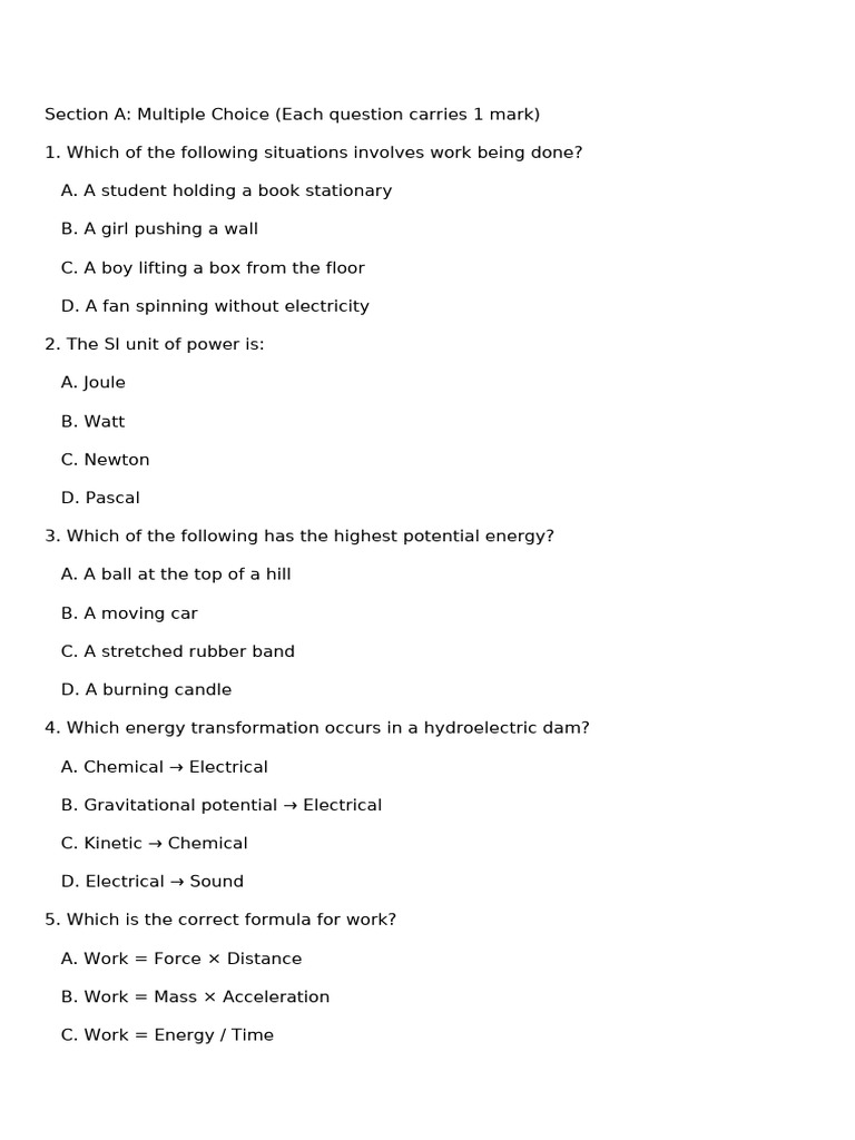 Form3 Science Chapter7 WorkPowerEnergy Exercise | PDF | Potential Energy | Force