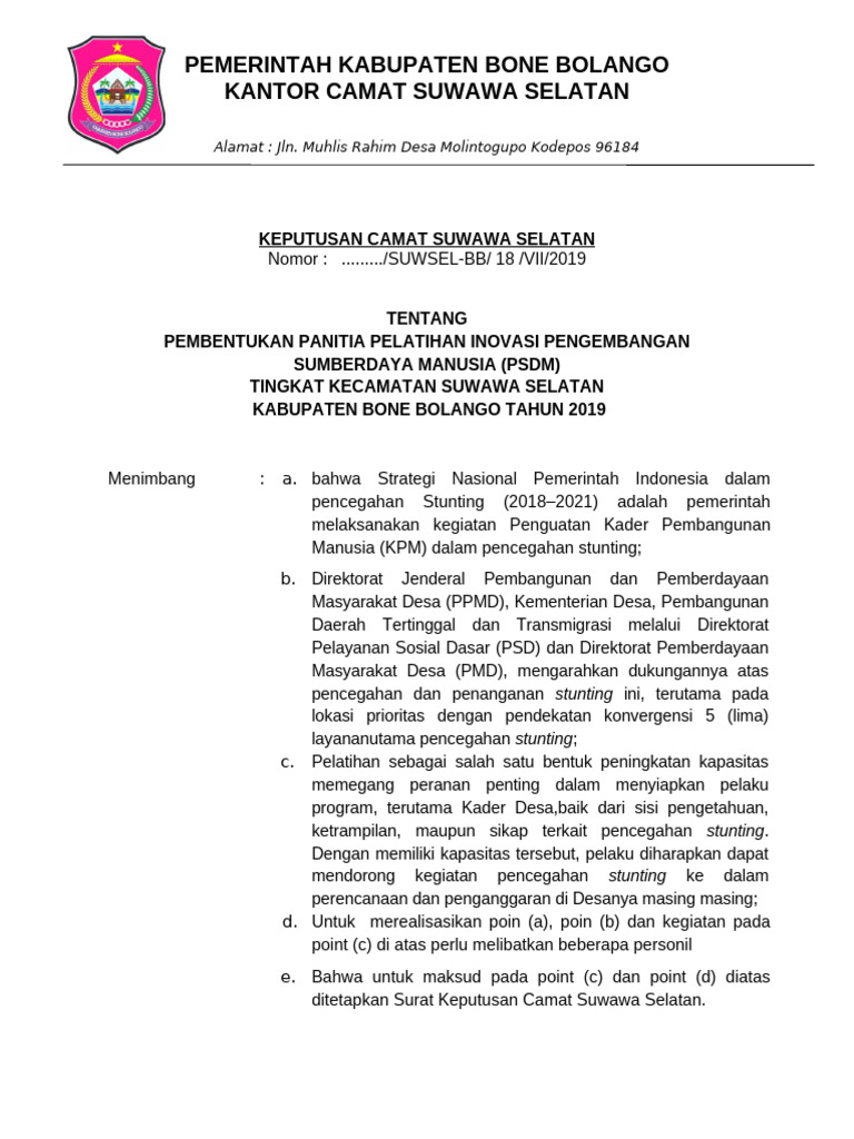 Pembentukan Panitia Pelatihan PSDM 2019 | PDF
