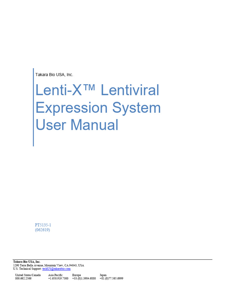 Lenti-X Lentiviral Expression Systems User Manual | PDF | Vector (Molecular Biology) | Molecular ...