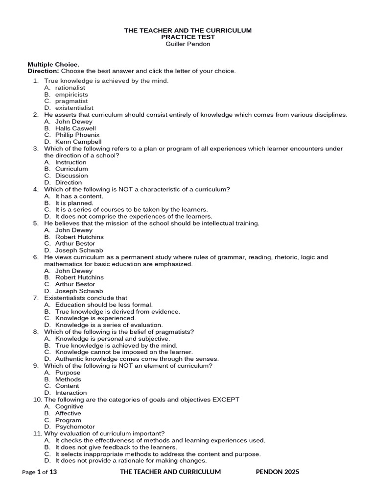 Practice Test Teacher and Curriculum 2025 | PDF | Curriculum ...