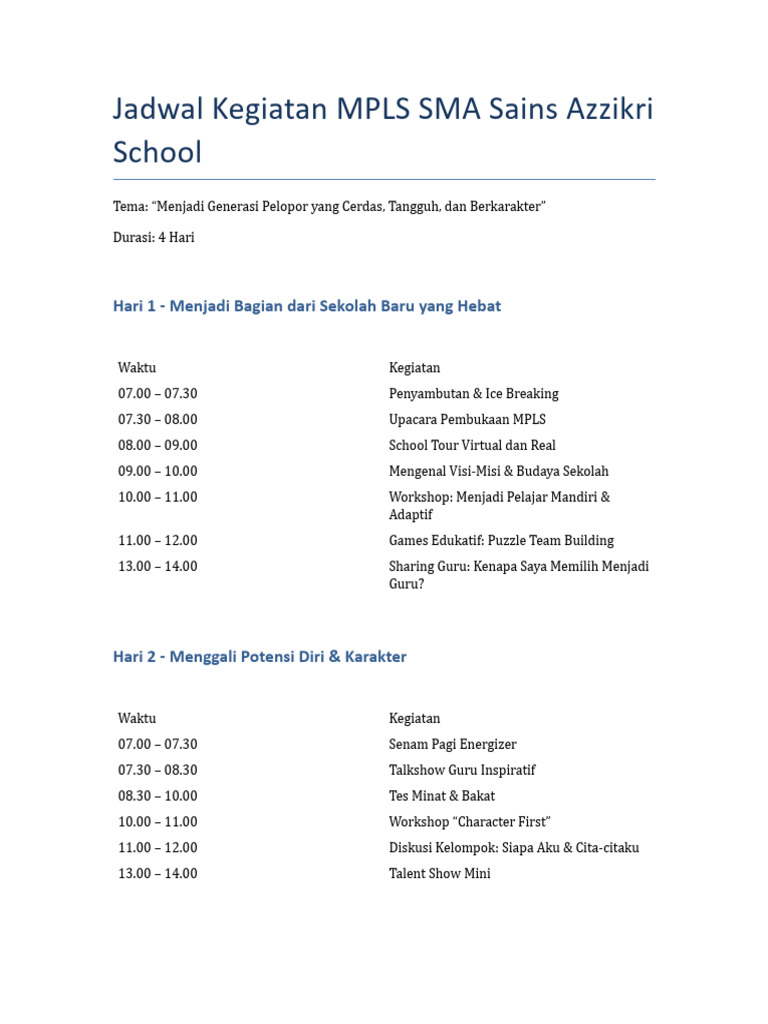 Jadwal MPLS SMA Sains Azzikri 2023 | PDF