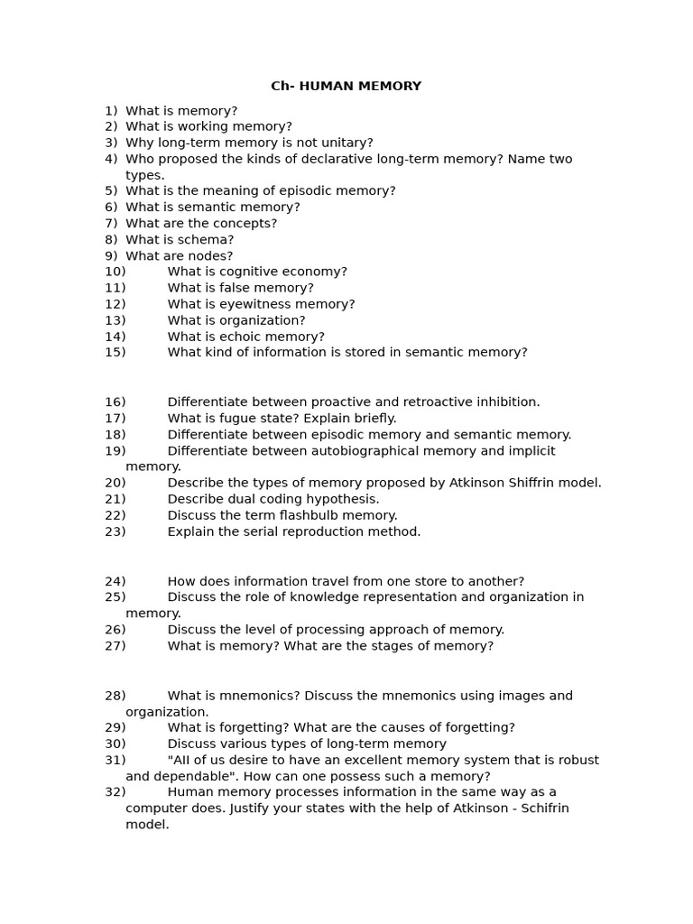 CH - Memory Class 11 | PDF