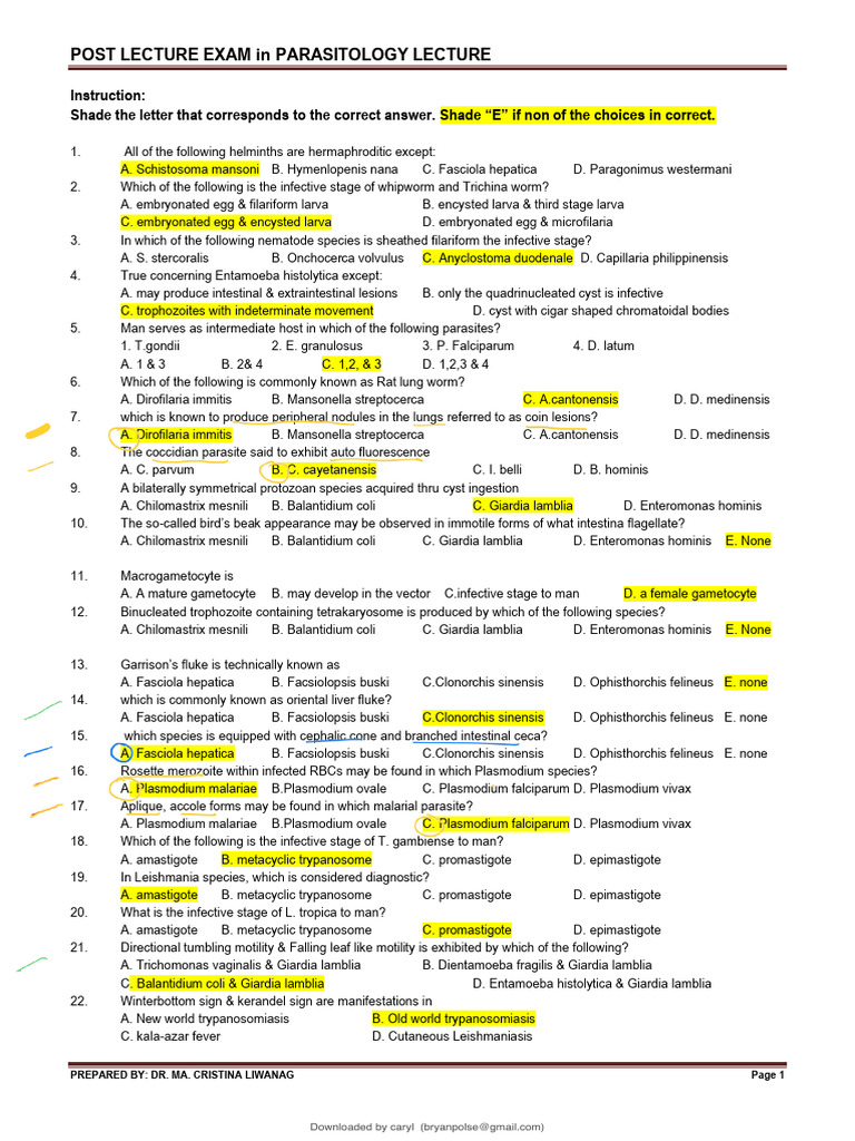 1-parasitology-practice-exam-liwanag | PDF | Plasmodium | Plasmodium Falciparum