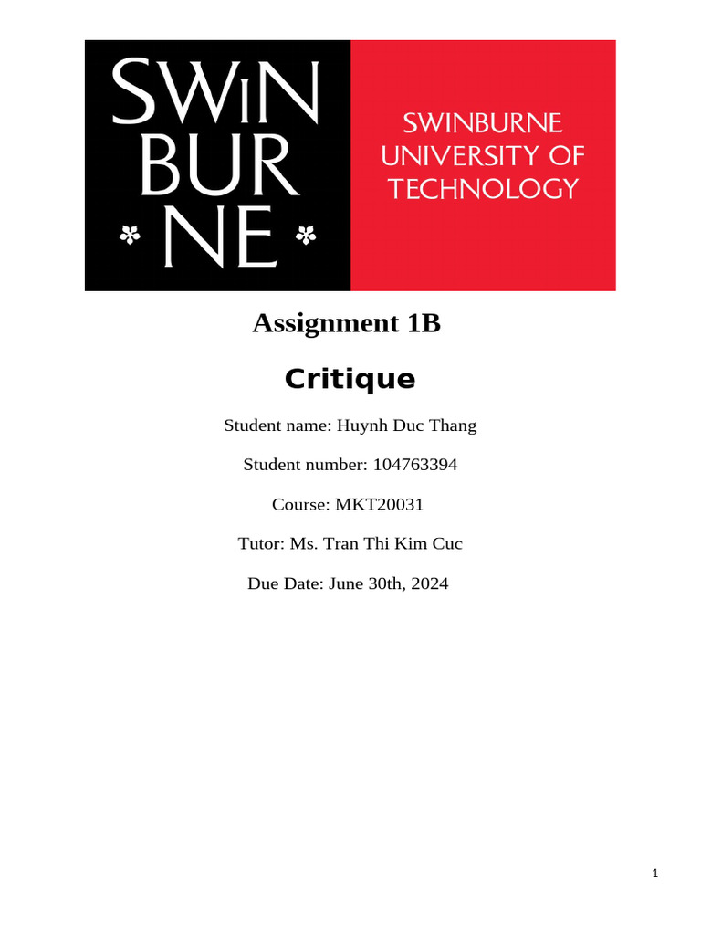 (MKT20031) - Huynh Duc Thang-Individual Assignment 1B-Critique - ID104763394 | PDF | Marketing ...