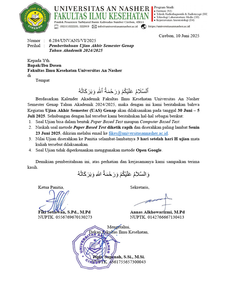 Surat Pemberitahuan UAS Genap Dosen 2024-2025 | PDF