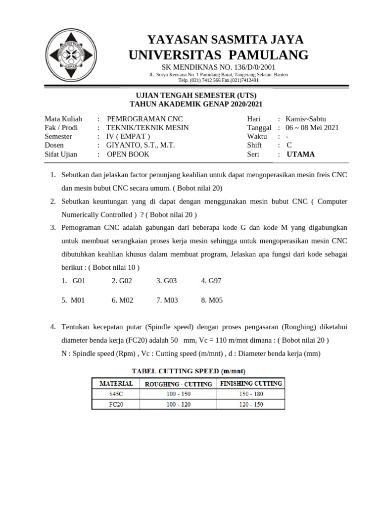 5 - Soal Uts Pemograman CNC - Reg C - Ok - 06 Mei 2021 | PDF