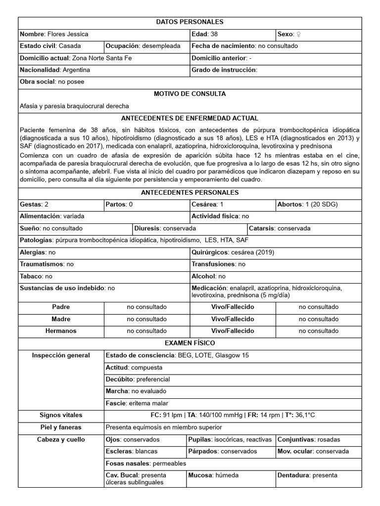 Afasia y paresia braquiocrural derecha | PDF | Enfermedades y ...