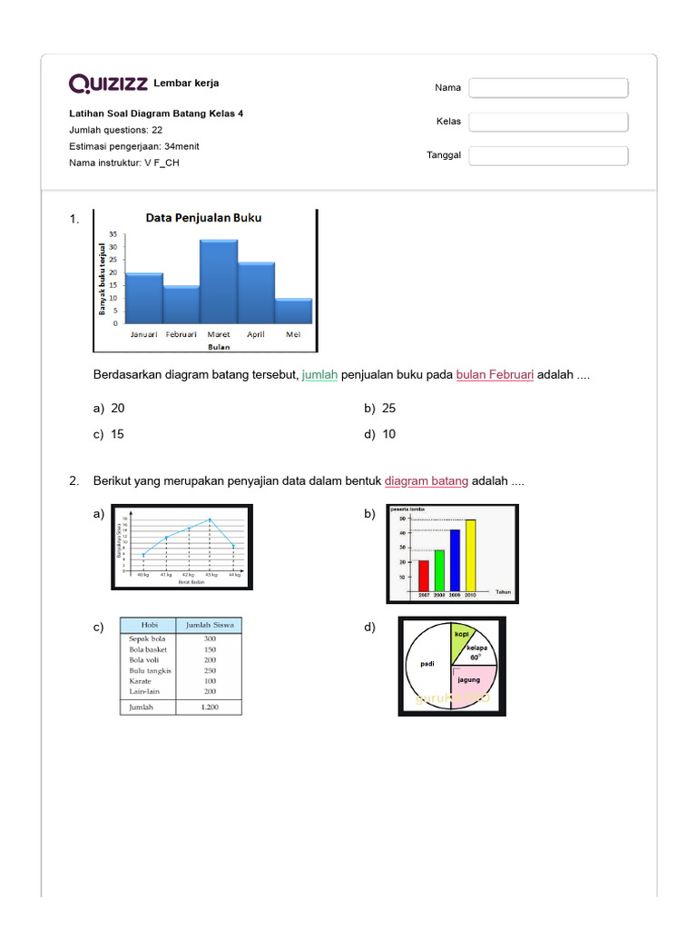 Latihan Soal Diagram Batang Kelas 4 - Quizizz | PDF
