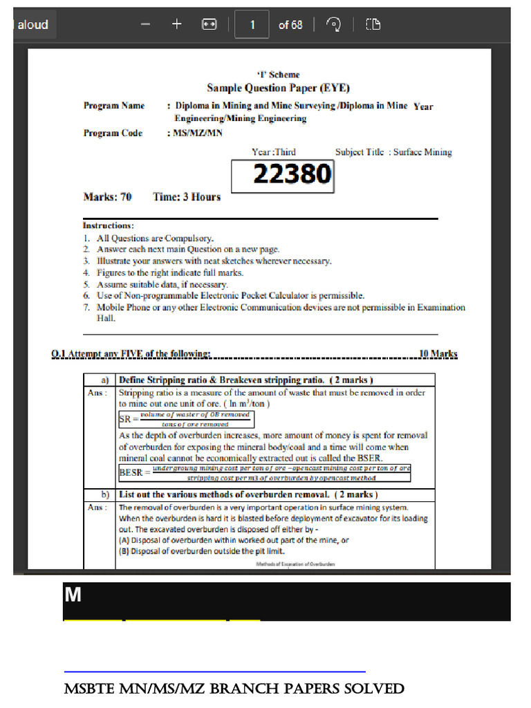 Surface Mining Solved Question Papers I-Scheme | PDF