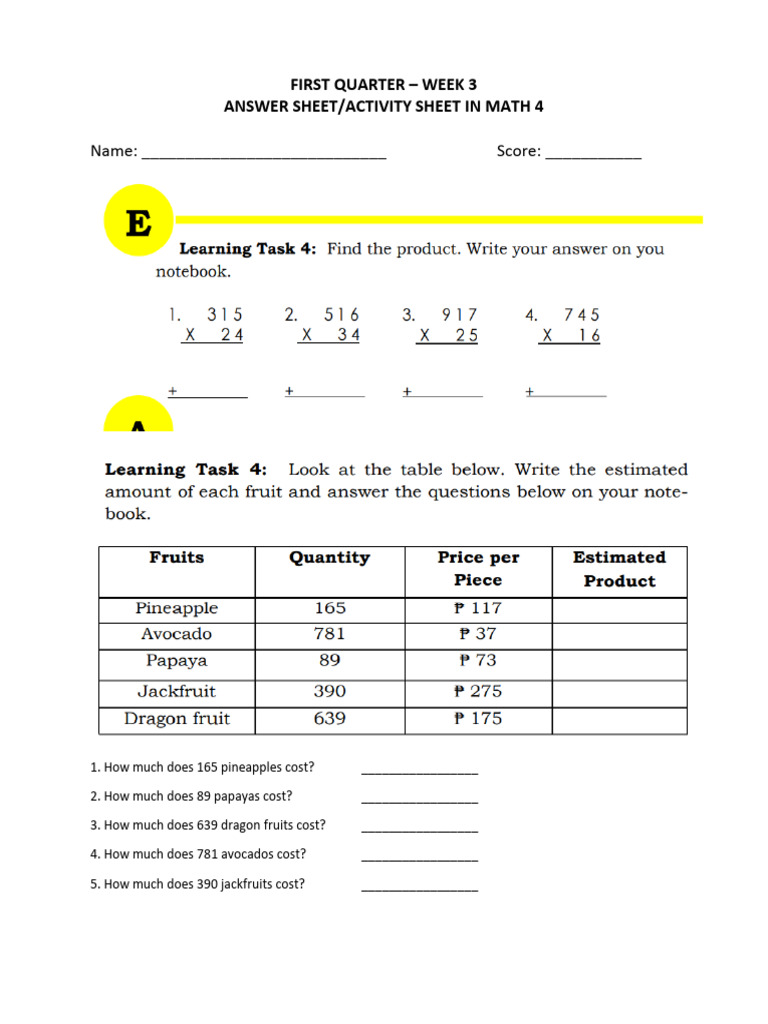 Activity Sheet Math4 Week3 | PDF