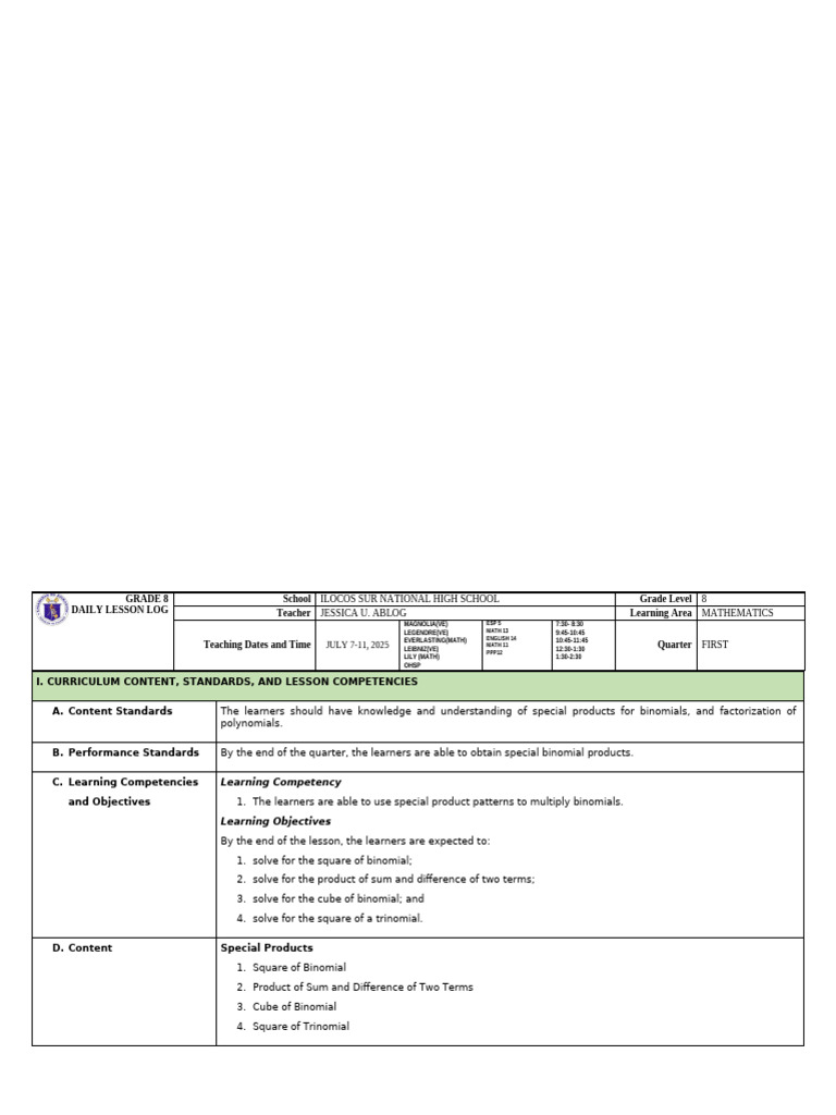 Q1 LE Mathematics-8 Lesson-4 Week-4 | PDF | Mathematics | Factorization