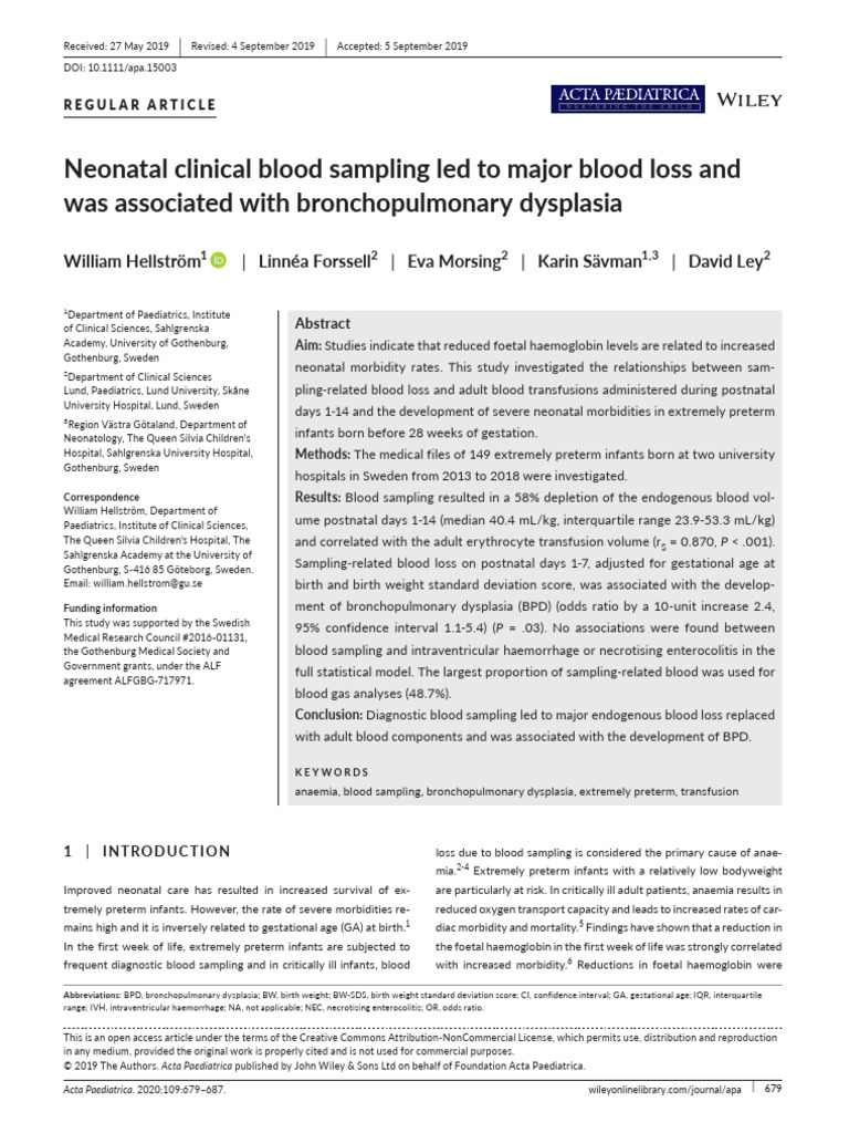 Hellstrom. 2019. Neonatal Blood Sampling Led To Major Blood Loss | PDF ...