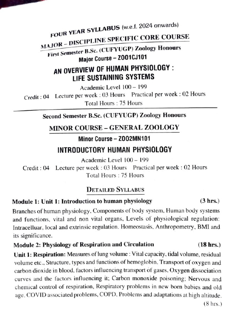 Disha Study Circle KSU ZGC - Fyugp Zoology Major First Sem Syllabus | PDF | Respiratory System ...