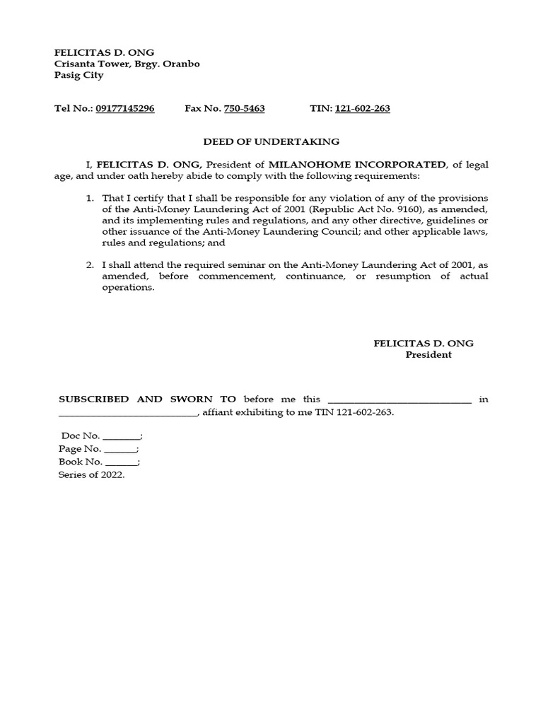 MILANO Deed of Undertaking Annex C | PDF