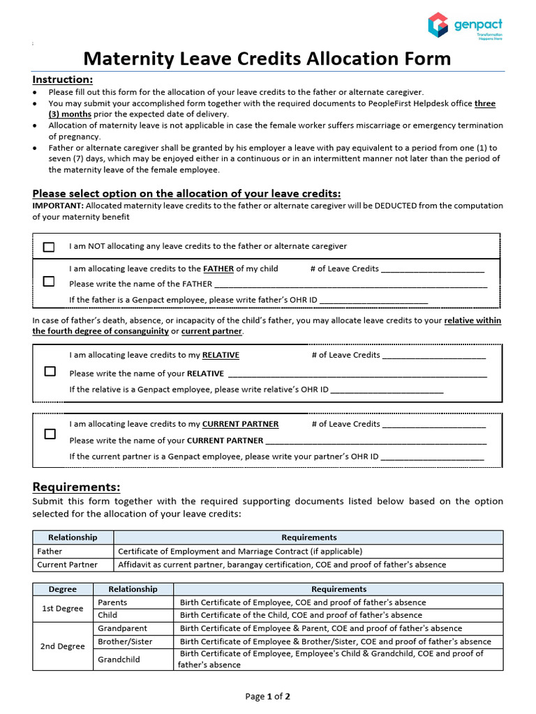 Genpact - Maternity Leave Credits Allocation Form (Female EE) | PDF | Family | Birth Certificate