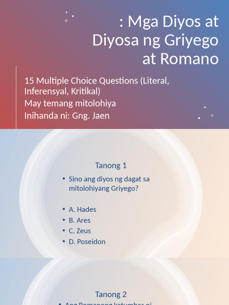 Mga Diyos at Diyosa Quiz Presentation (Autosaved) | PDF