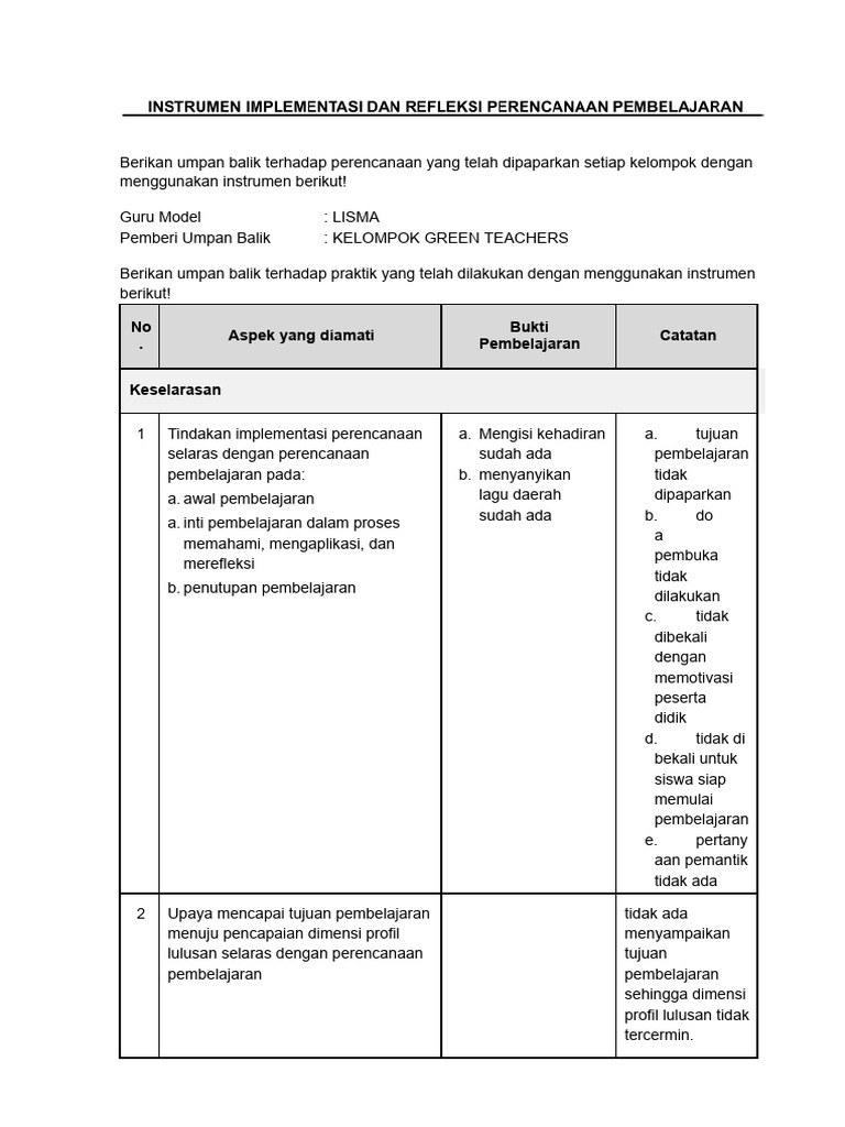 Instrumen Implementasi Dan Refleksi Perencanaan Pembelajaran | PDF