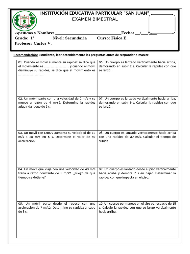Examen Fisica-1ro | PDF