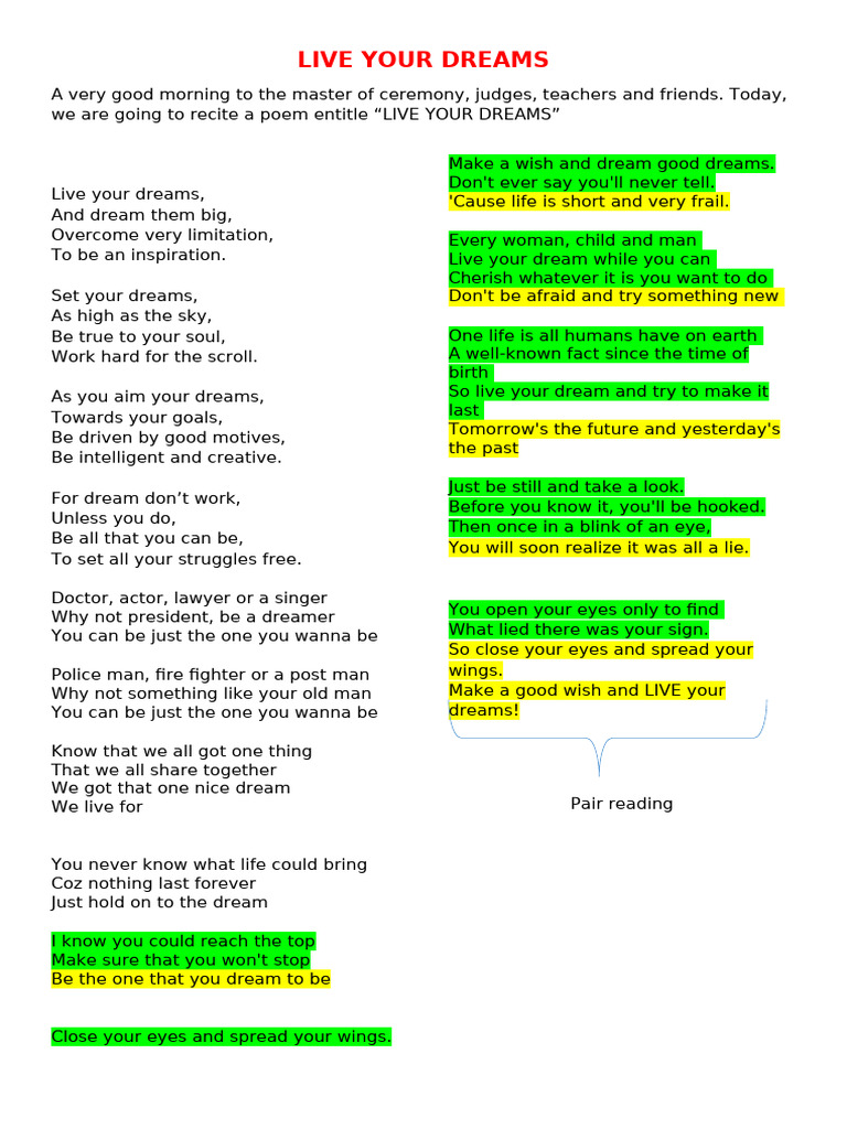 PAIR POEM Live Your Dreams | PDF | Dream