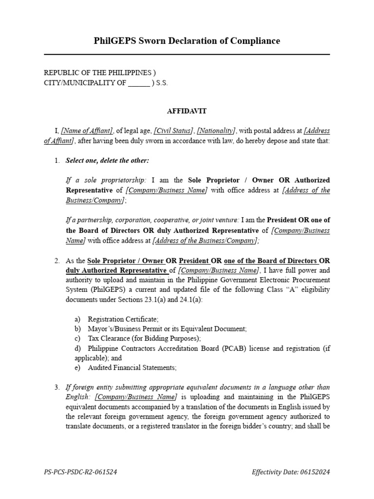 PhilGEPS Sworn Declaration | PDF | Sole Proprietorship | Affidavit