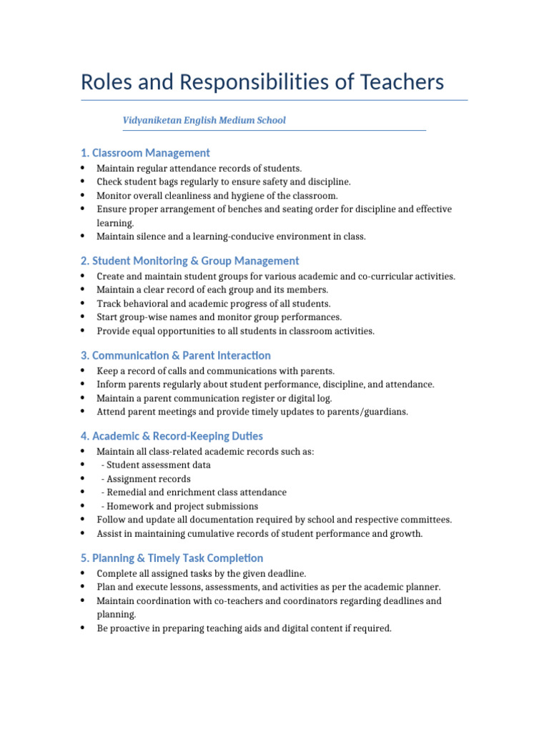 Roles and Responsibilities of Teachers | PDF | Teachers | Disciplines