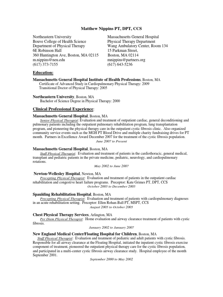 Matthew Nippins PT, DPT, CCS: June 2007 To Present | PDF | Physical ...