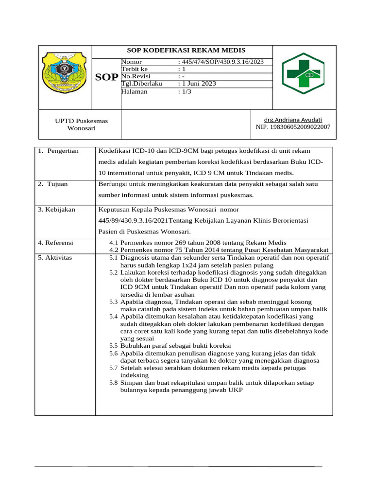 Sop Kodefikasi Rekam Medis | PDF