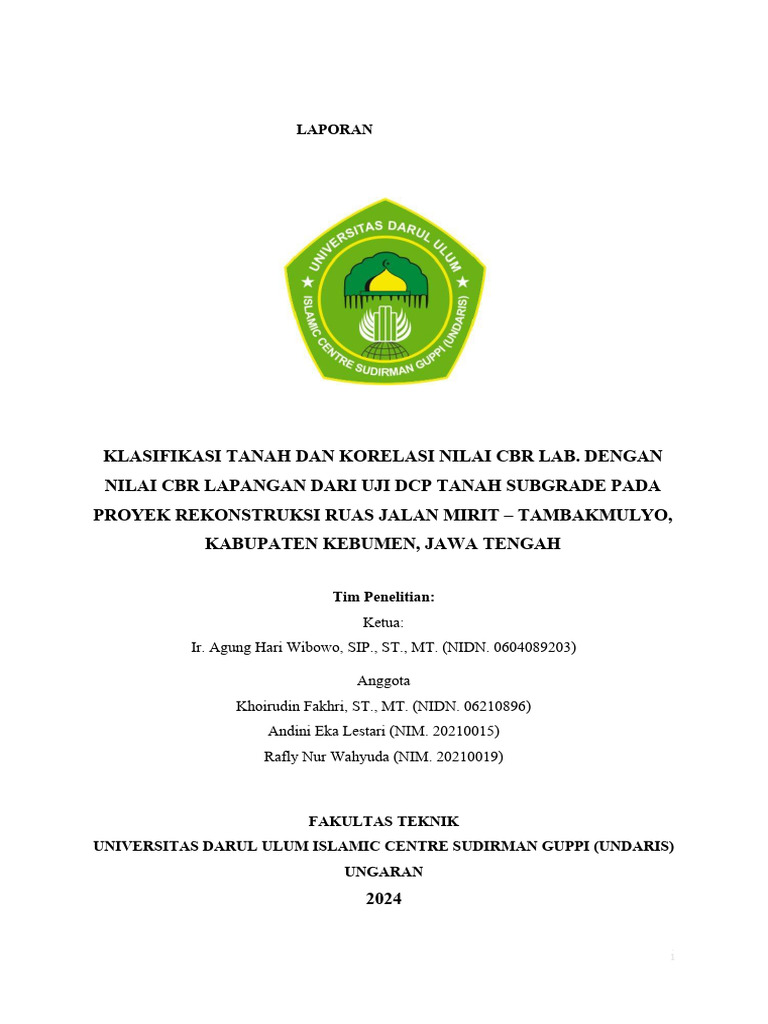 Laporan Penelitian Klasifikasi Tanah Dan Korelasi Nilai CBR Laboratorium Dengan Nilai CBR ...